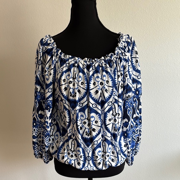 Haute Hippie | Tops | Haute Hippie Blue And White Ruched 34 Sleeve ...